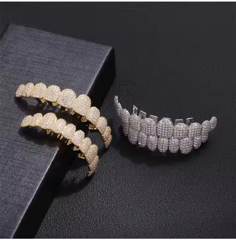 Hip Hop Iced Out CZ Diamond Dental Set Top and Bottom Full Diamond ...